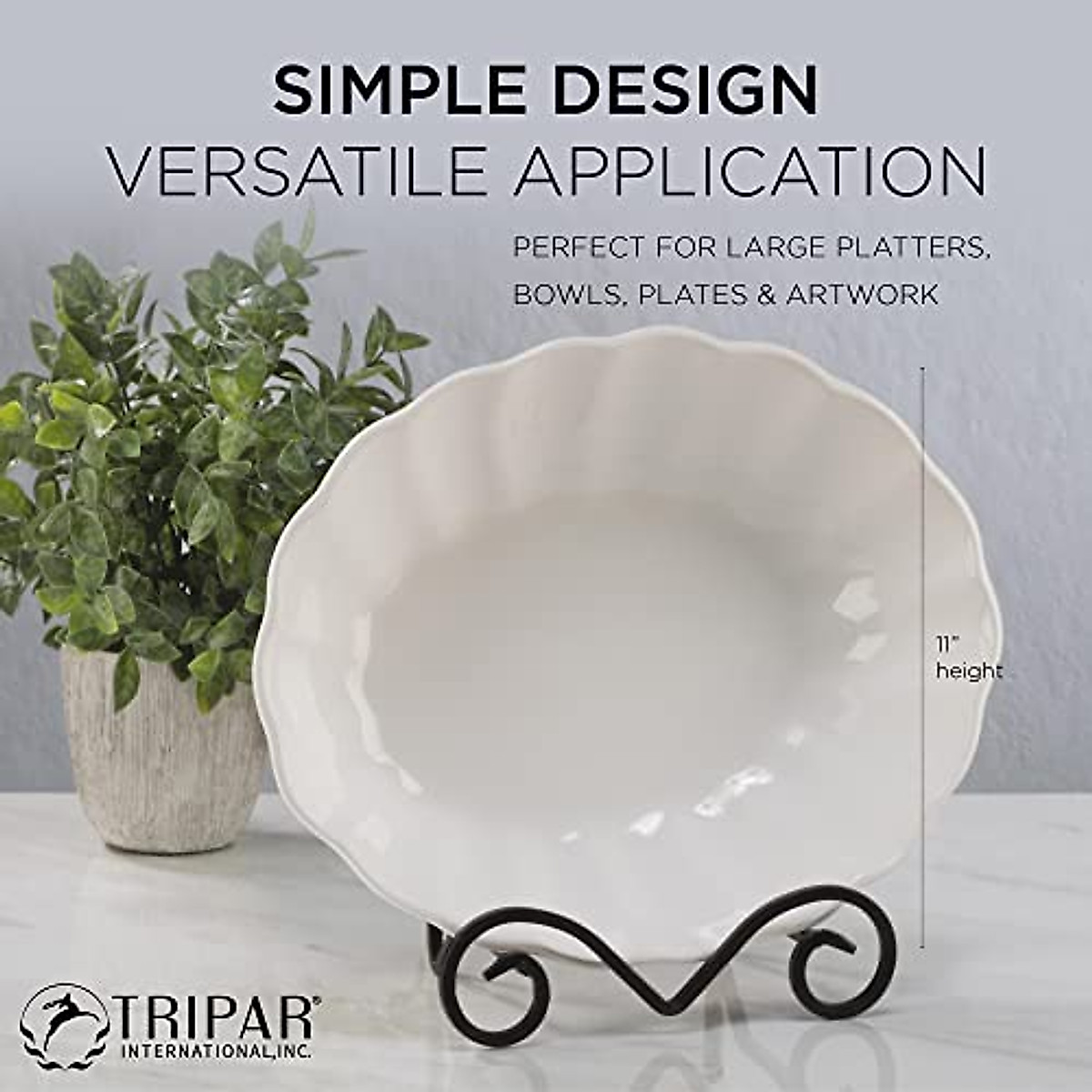 TRIPAR Small Black Metal Scroll Display Rack Easel for Bowls, Platters, Cookbooks, Plates, and Artwork