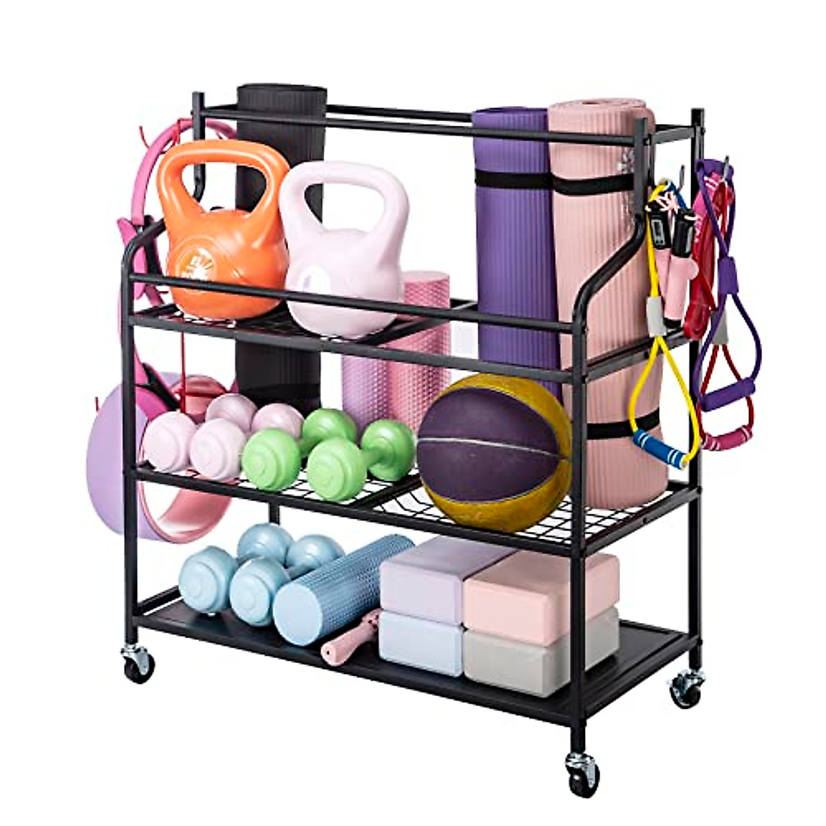 QUSIMI Yoga Mat Equip Storage Rack on Wheel, Dumbbells Kettlebells Workout Storage Weight Rack Cart,Large Home Gym Equipment Multi-use Storage Rack Holder Organizer