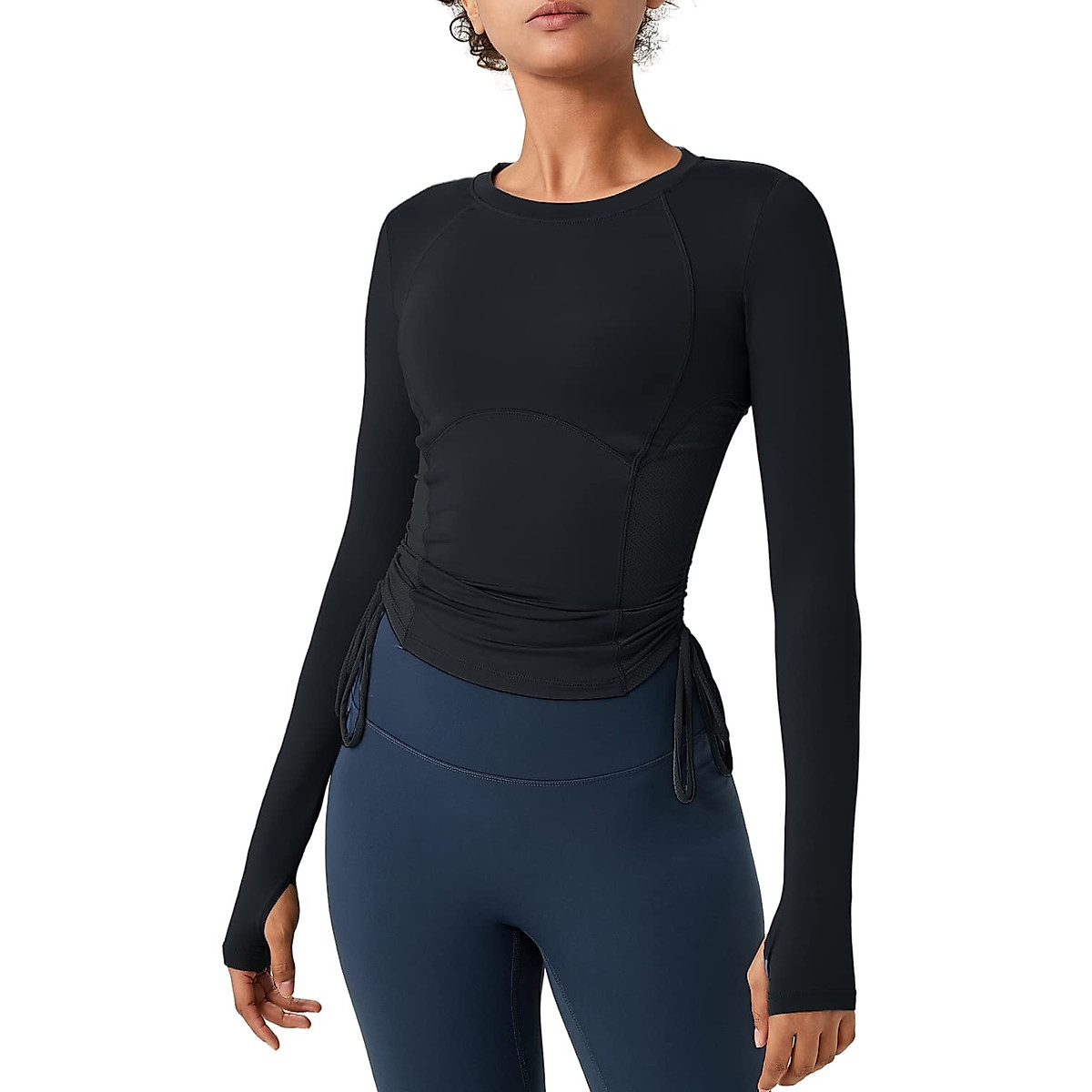 Almaree Workout Outfits Long Sleeve Shirts for Women Athletic Tops Running Sweatshirt with Thumb Holes L Black