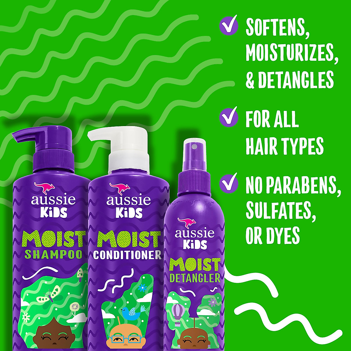 Aussie Kids Hair Care Bundle Set Including: Shampoo (16 Fl Oz), Conditioner (16 Fl Oz) & Detangler Spray (8 Fl Oz), Paraben- Freem Sulfate-Free, Dye-Free, Cruelty-Free, Tangle-Free Styling