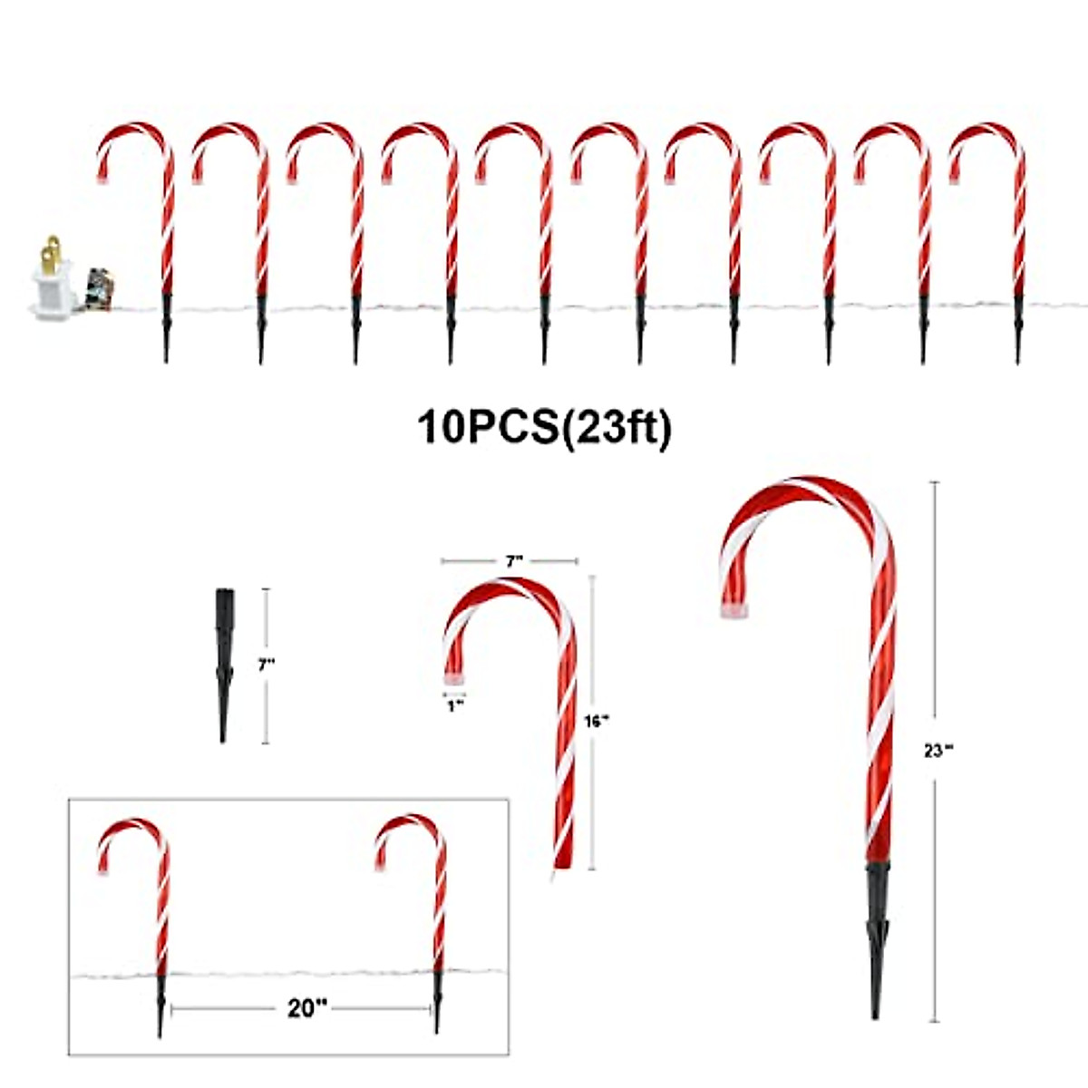 TQS 22" Cane Candy Lights - 6 Pack Christmas Candy Cane Pathway Markers Light Yard Lawn Garden Stakes Outdoor Decorations - Large Plastic Red Warm White Lights Christmas Party Holiday Decor