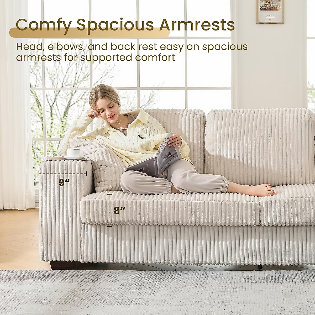 97 in Sofa Couch, Big Comfy Couch for Living Room, Cloud Couch with Oversized Armchair, Small Sofa with 24 in Deep Seat, Velvet Couch for Home and Apartment, Modern Couch, 3 Seater Couch, Beige