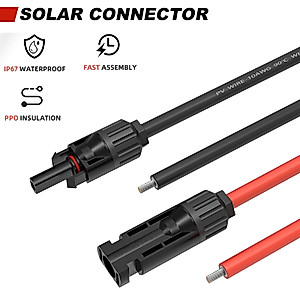 Kohree 20 Feet Solar Panel Extension Cable: 10AWG with Female and Male Connectors,6mm Solar Panel Wires with Extra Free Connectors Extension Adaptor Kit Tool for RV Solar Panel(20FT Red + 20FT Black)