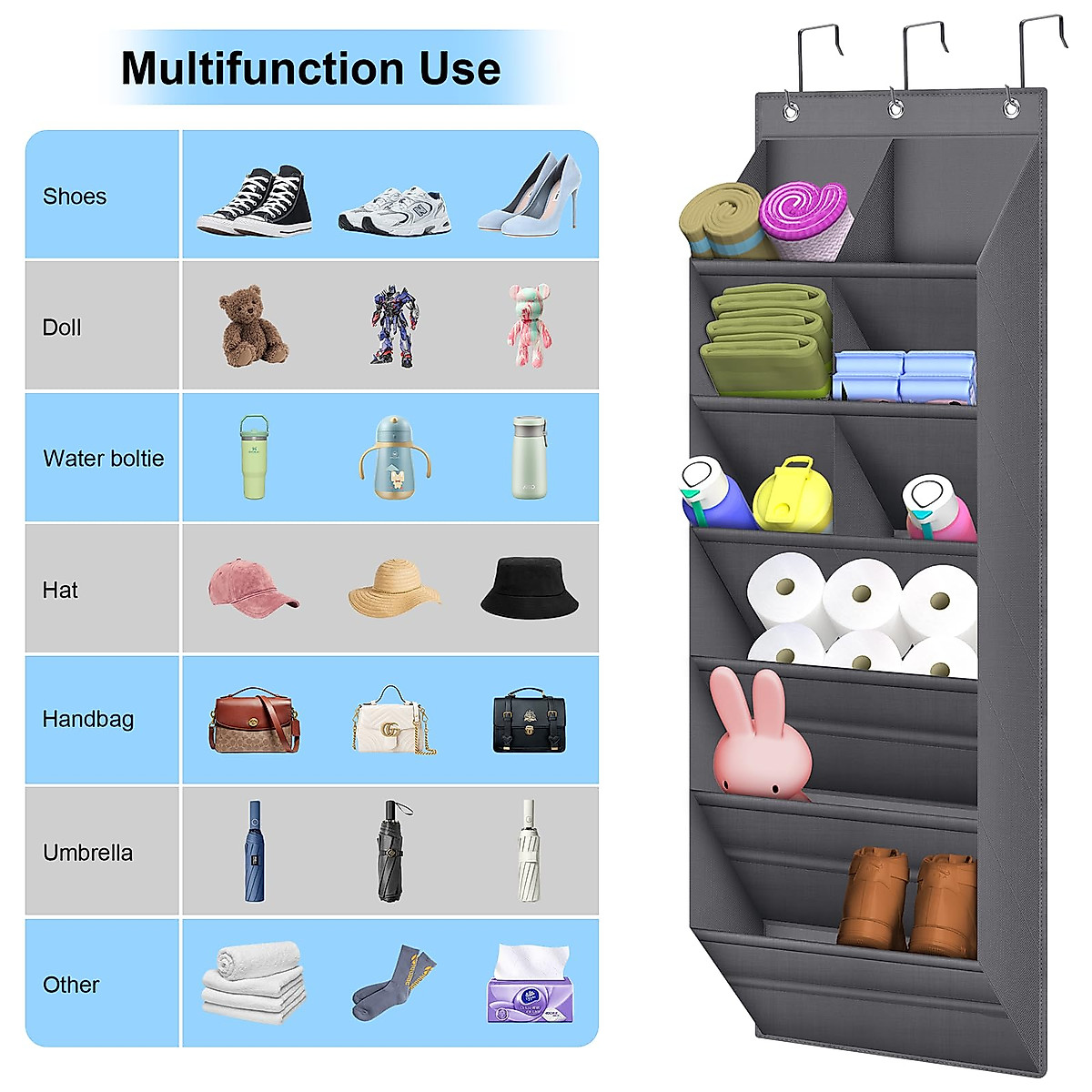 BZVlemon Hanging Shoe Organizer for Closet with 9 Deep Pockets, Over the Door Shoe Rack, Shoe Holder for Narrow Door Dorm RV Shoe Storage, Grey