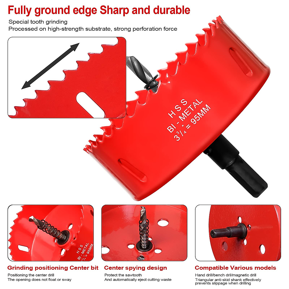 Hole Saw 3 3/4” (95mm) for Wood and Plastic, HSS Bi-Metal Hole Cutter Core Drill Bit for Drywall, PVC Boards, Fiberglass and Vent Pipes