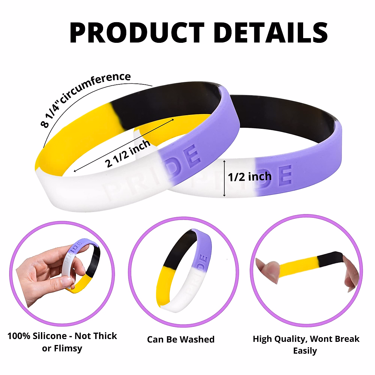 LGBTQ - Non-Binary Pride Silicone Bracelets for Pride Month, LGBTQ Accessories & Pride Parade – Perfect for Fundraisers! - 1 Bracelet Multicolor