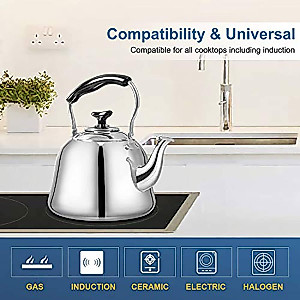 Whistling Stovetop Tea Kettle 2L Food Grade Stainless Steel Teapot, Hot Water Fast to Boil Tea Kettle Stovetop with Wide Mouth, Anti-scalding Handle Teakettle for Gas, Induction, Electric, Tea&Coffee