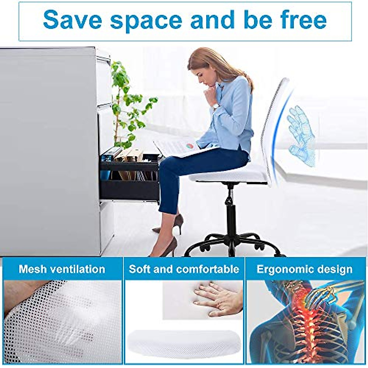 BestShop Home Office Chair Computer Chair Mid Back Mesh Chair, Desk Chair Height Adjustable Modern Task Chair No Armrest Rolling Swivel Chair Student Office Chair with Wheels,White