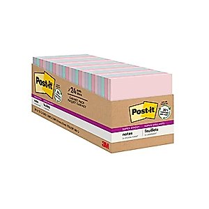 Post-it Super Sticky Recycled Notes, 3x3 in, 24 Pads, 2x the Sticking Power, Wanderlust Collection, Pastel Colors, 30% Recycled Paper (654-24NH-CP)