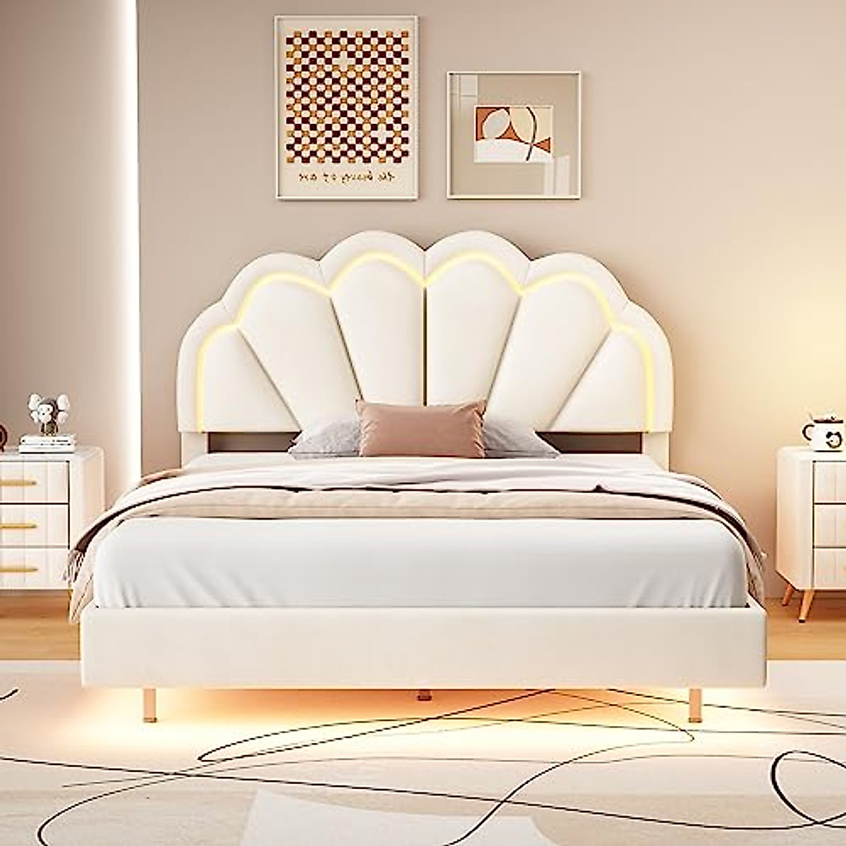 DNYN Upholstered Full Size Platform Bed for Kids, Adults Bedroom,Velvet Fabric Bedframe with Elegant Flower Headboard & LED Design & Wood Slat Support,No Box Spring Needed, Beige