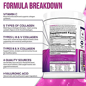 Multi Collagen Peptides Powder for Women and Men - Instant Dissolving Grass Fed Hydrolyzed Collagen Powder Drink Mix for Beautiful Hair Skin and Nails with Hyaluronic Acid and Vitamin C - Unflavored