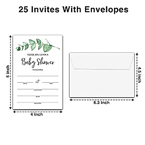 Baby Shower Invitation Kit, Diaper Raffle Games, Books For Baby, Greenery, Eucalyptus Baby Gender Reveal Fill In Invites Cards, Each Design 25 Cards & 25 Envelopes （A Total of 100 set）- BABYSET-017
