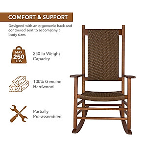 Shine Company Set of 2 Hampton Porch Rockers, High Back Wood Rocking Chairs, Rattan Backrest & Seat, 2-Pack, Oak