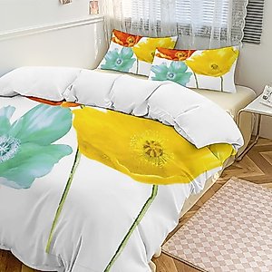 FELENIW Microfiber Duvet Cover Set 3D Printed Poppy Flowers Decorative 3 Pieces Bedding Duvet Cover Sets Comforter Cover Set with 2 Pillow Shams (US Full, Poppy Flowers)
