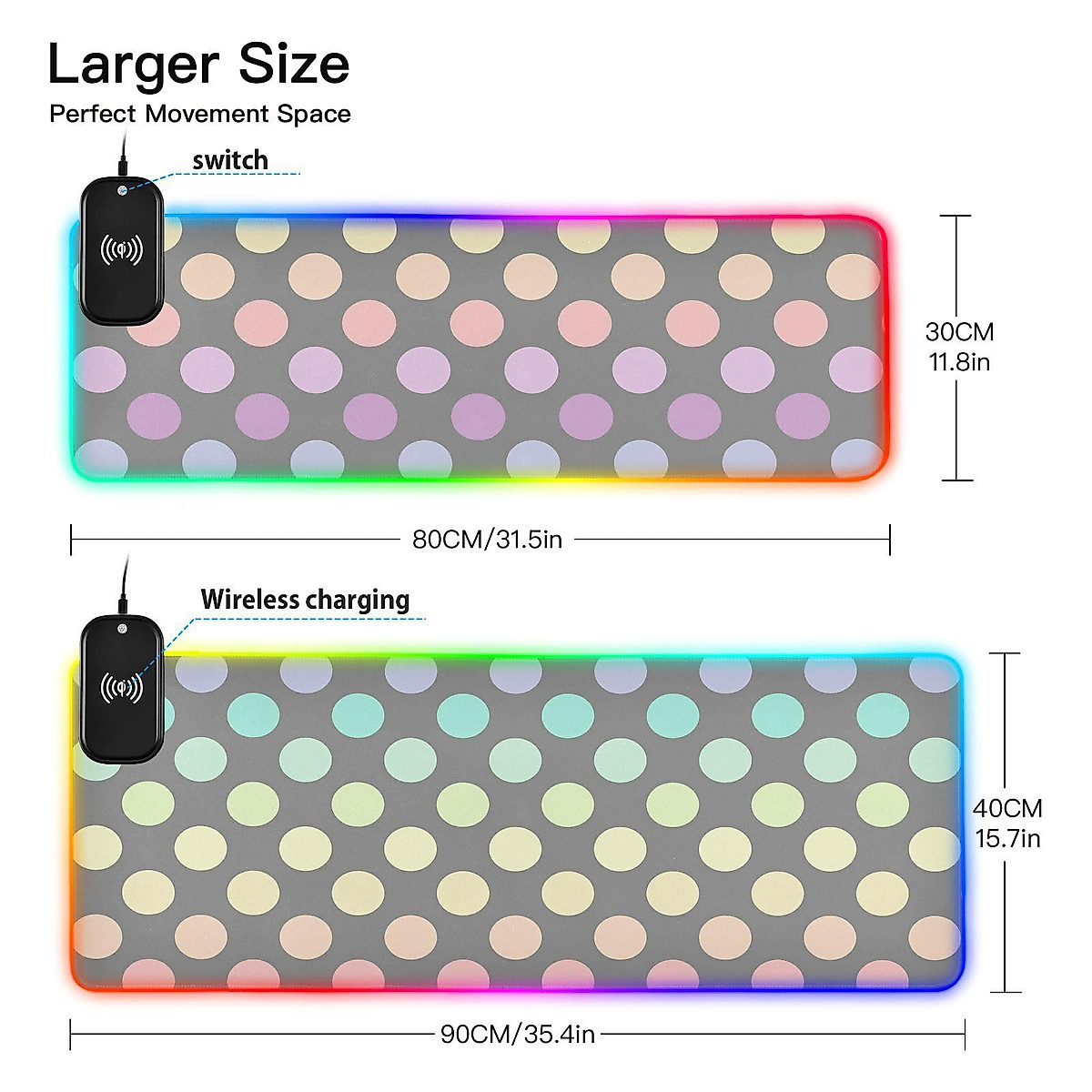 Polka Dot Wireless Charging Mouse Pad for Mobile Phone Extra Large Gaming Mousepad with 13 Lighting Modes Keyboard Mat for Office Home Gaming MacBook PC Laptop Desk