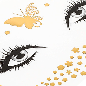 Konsait 8 Sheets Face Tattoo Sticker Metallic Temporary Transfer Tattoo Waterproof Face Jewels for Women Girls Make Up Dancer Costume Parties, Shimmer Glitter Gold Tattoos,Butterfly Star Freckle Scale