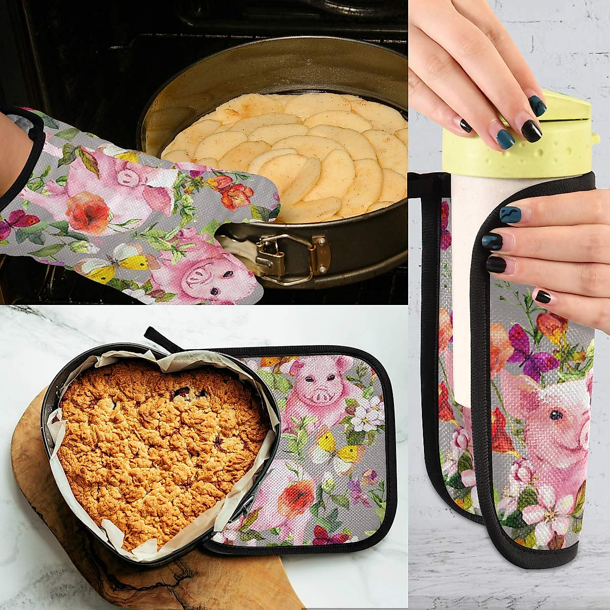 Pot Holders Oven Mitts Sets - Pigs Summer Flowers Butterflies Hot Gloves Hot Pads Non-Slip Potholders for Kitchen Cooking Grilling