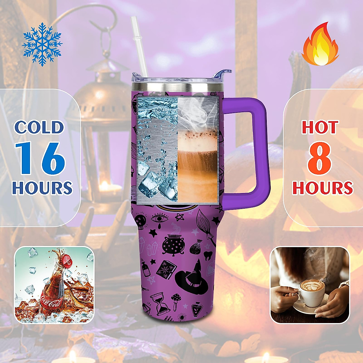 qoepfnsh Halloween Tumbler 40 oz Halloween Tumblers with Handle and Straw Purple Witchy Stainless Steel Insulated Coffee Cups Mugs Halloween Gifts Stuff for Women Girls