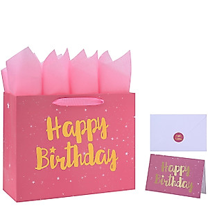 13" Large Pink Gift Bag Set with Greeting Card and Tissue Papers (Stars and Gold Foil ‘Happy Birthday’) for Women's Party, Girls' or Kids' Birthday Parties, Baby Girl, Baby Shower - 13”x5.2”x10.2”, 1 Pcs.