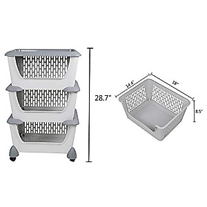 Hommp Gray Plastic Stacking Storage Organizer Basket with Wheels, Multi-function Stackable 3-Tier Storage Basket