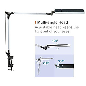 PHIVE LK-1 Metal Architect Swing Arm LED Desk Lamp / Table Lamp with Clamp (Eye-Care Technology, Dimmable, 6-Level Dimmer / 4 Lighting Modes with Touch Control, Memory Function) Task Light