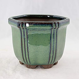 Semi-Cascade Hexagon Dark Green Shohin Bonsai Pot w/Mesh - 4.25"x 4.25"x 3.25"