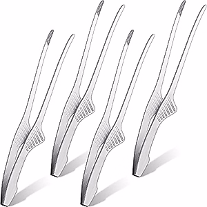 Korean and Japanese BBQ Tongs Self-Standing Grill Tongs Non-Slip Cooking Utensils Stainless Steel Tongs for Serving Food, Salad, Camping, Barbecue, Buffet, Oven with Support Stand (Silver,4 Pieces)
