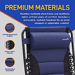 SereneLife Foldable Outdoor Zero Gravity Padded Lawn Chair, Adjustable Steel Mesh Recliners, w/Removable Pillows and Cup Holder Side Tables, One Size, Blue and Black