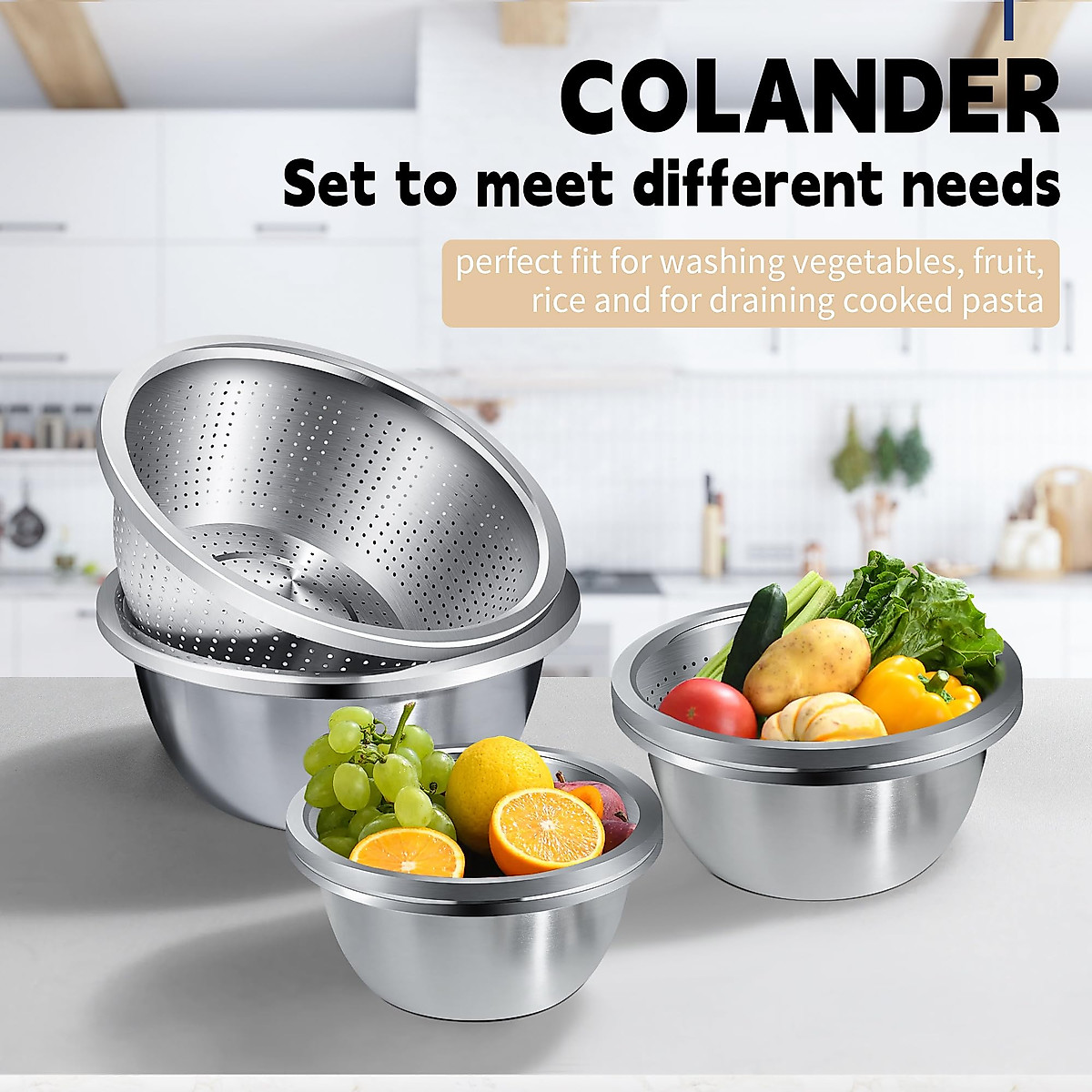 Gulex Colander 304 Stainless Steel 3-quart with Mixing Bowls, Strainer for Kitchen Food For washing vegetables, fruit, rice, Dishwasher Safe. (2PC)