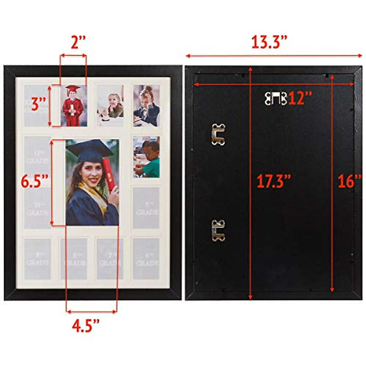 WOOD SIDE ORBIS School Years Picture Days Collage Frame with Double White Mat, Displays One 5x7 Photo and Twelve 2.5x3.5 Pictures, Landscape, Portrait, K-12 Keepsake