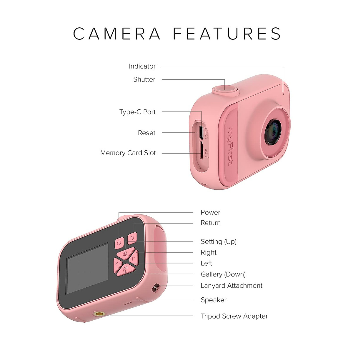 myFirst Camera 10 - Digital Mini Camera for Boys Girls Age 4-19 5MP Video Photo Support 32GB Memory Card, Comes with Tripod Screw Adapter Suitable for Birthday Gift (Pink)
