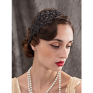 SWEETV Black Rhinestone Flapper Headband-Elastic 1920s Headpiece, Great Gatsby Hair Accessories for Women