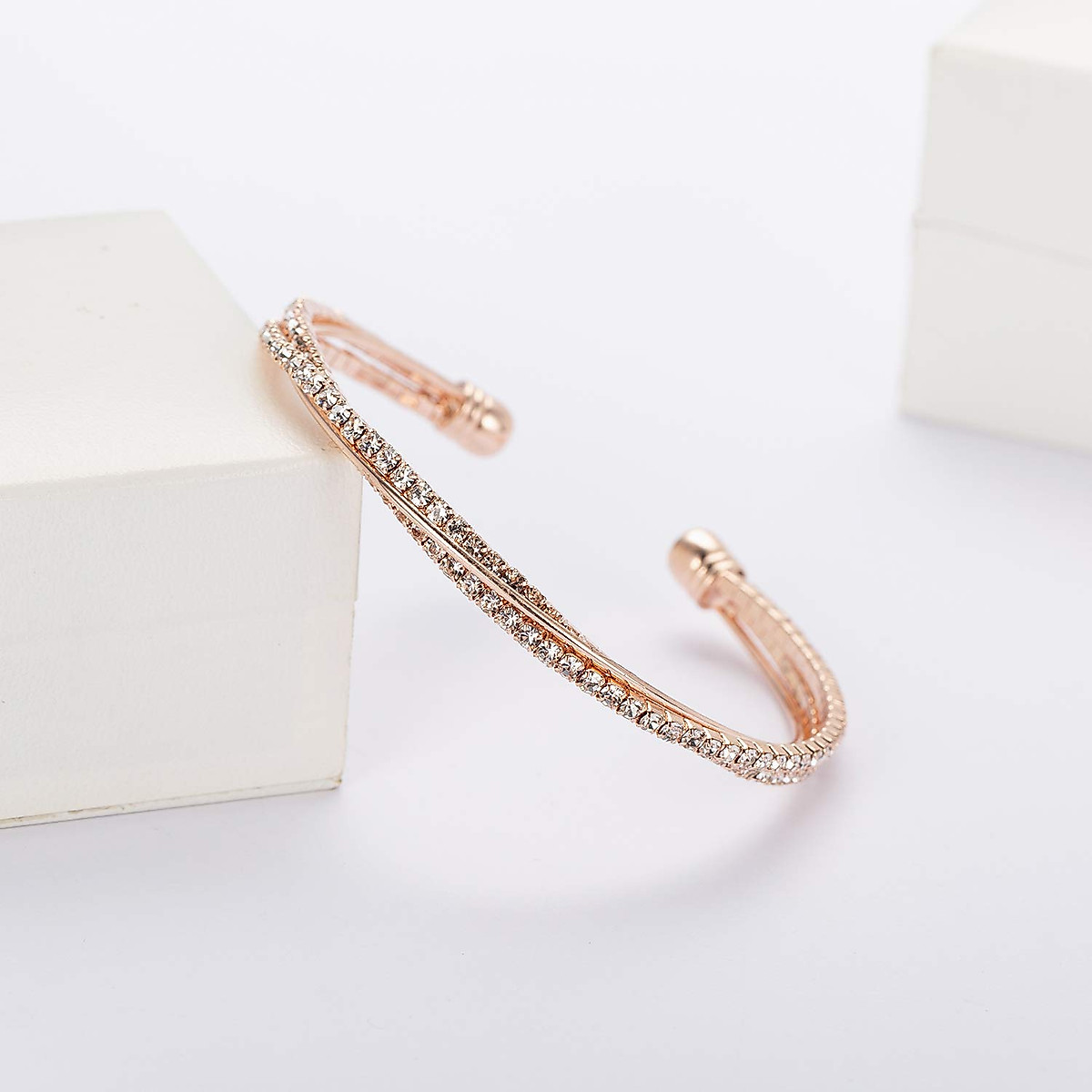 Rose Gold Bridesmaid Bracelets for Women Rhinestone Clear Crystal Dainty Bracelet Bangle Rose Gold Plated Sparkly Cute Bridesmaid Wedding Gifts Jewelry Birthday Party (rose gold)