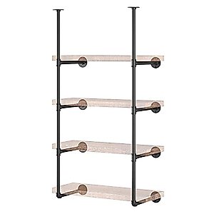 Yuanshikj 2Pc (56" tall 12"deep 3/4") Industrial Wall Mount iron Pipe Shelf Shelves Shelving Bracket Vintage Retro Black Open Bookshelf Bookcase DIY Storage office Kitchen (2 Pcs 4Tier Hardware only )