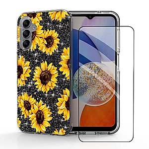 DDTKZC for Samsung Galaxy A14 5G Case,Samsung A14 5G Phone Case, Tempered Glass Protector Lustre Pattern-Sparkle 2 in 1 Clear Shockproof Case (Yellow Sunflower, for Samsung Galaxy A14 5G)