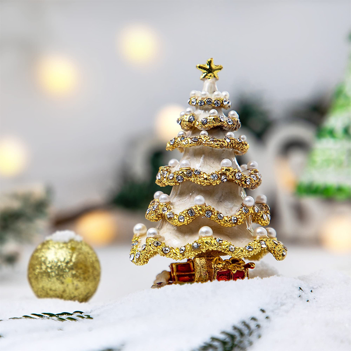 QFkris Christmas Tree Jewelry Trinket Boxes Hand Painted Enameled with Shinning Rhinestones, Ring Holder, A Surprise Gift Christmas Decor