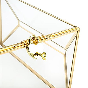 HighFree 10.2" Glass Wedding Card Box with Slot & Lock, Handmade Copper Gold Geometric Terrarium, Clear Display Box for Wedding Reception, Wishwell, Keepsake