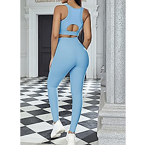 LAOARA Workout Sets for Women Ribbed Seamless Tank Crop Top and High Waist Sports Gym Workout Running Pants SetBlueM