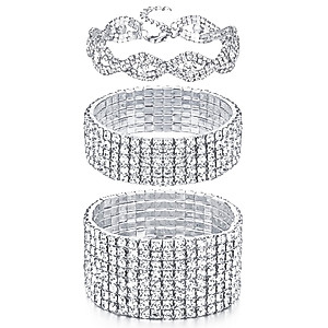 FIBO STEEL 3 PCS Rhinestone Stretch Bracelets for Women Bridal Sparkly Wedding Strand Tennis Bracelet Set Silver-Tone