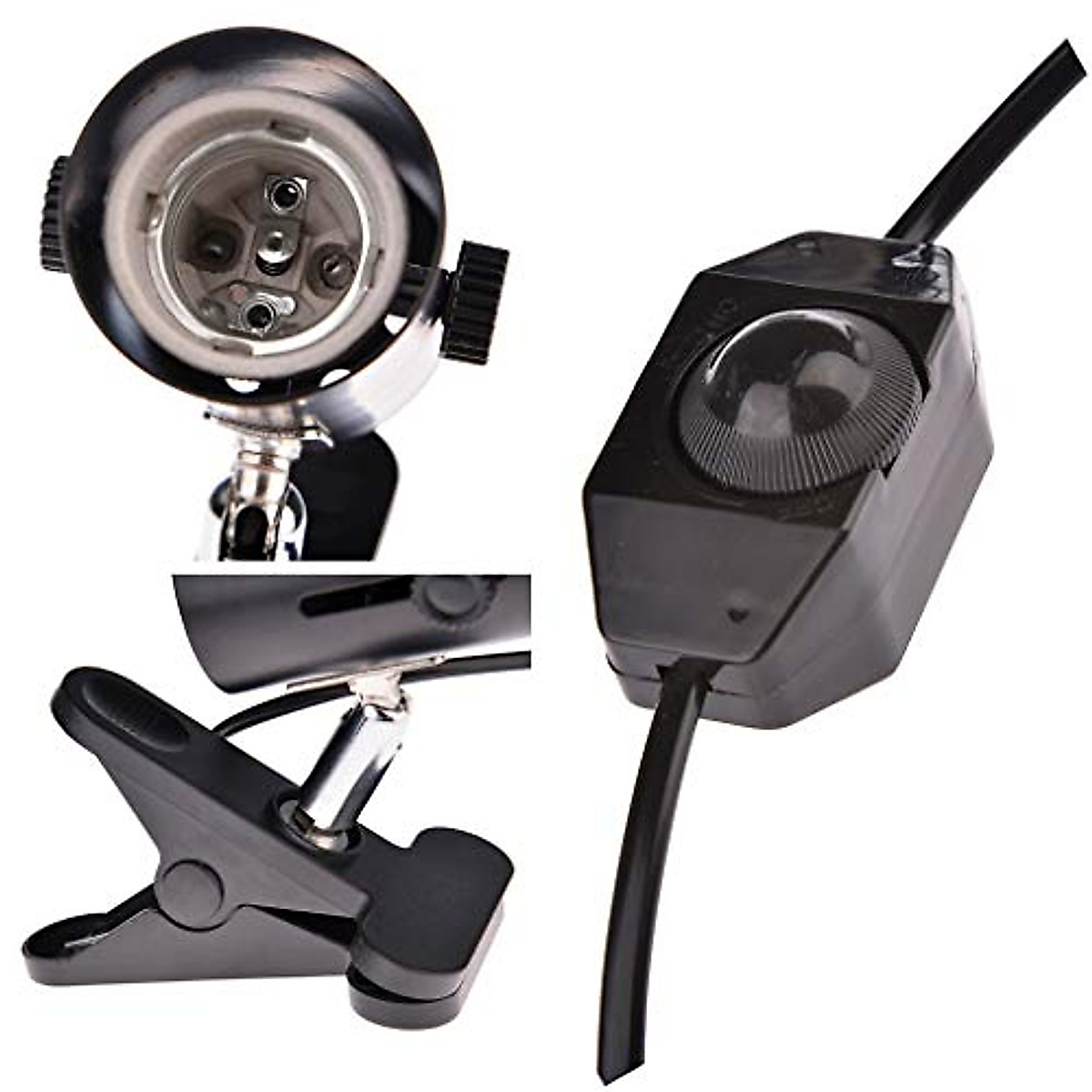 Clamp Light Fixture, E26/E27 Ceramic Clamp Lamp Light with Dimmable Switch, 110V Multifunction Adjustable Habitat Lighting & Heat Lamps Holder Stand for Pet Heat Bulbs Lamps Use, Black