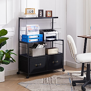 VECELO Fabric Lateral Filing Cabinet with 3 Open Storge Shelves Movable Printer Stand with 2 Large, Home Office, Suitable for A4 Or Letter Size,Black, 2 Drawer