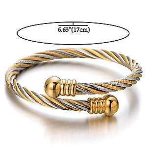 COOLSTEELANDBEYOND Elastic Adjustable Steel Twisted Cable Cuff Bangle Bracelet for Mens for Women Silver Gold Two-tone
