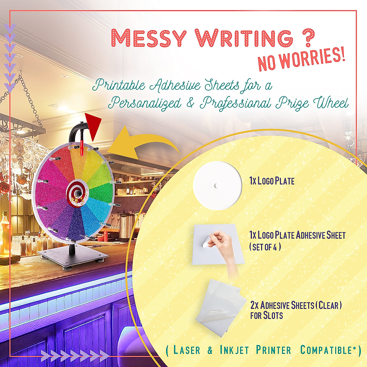 Prize Wheel Spinner Board Game - 12" Spin Wheel for Prizes with Stand, Slots 12, 6, 4 Color & White Spinning Wheels, Custom Logo Personalize Printable Self Adhesive Sheets, Dry Erase Pen, Eraser, Bag