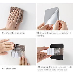 4PCS Mop Broom Holder No Drill Stainless Steel, Mop Broom Organizer Wall Mounted Heavy Duty with Hooks Hanger, Storage Rack Self Adhesive for Bathroom, Kitchen, Office (White)