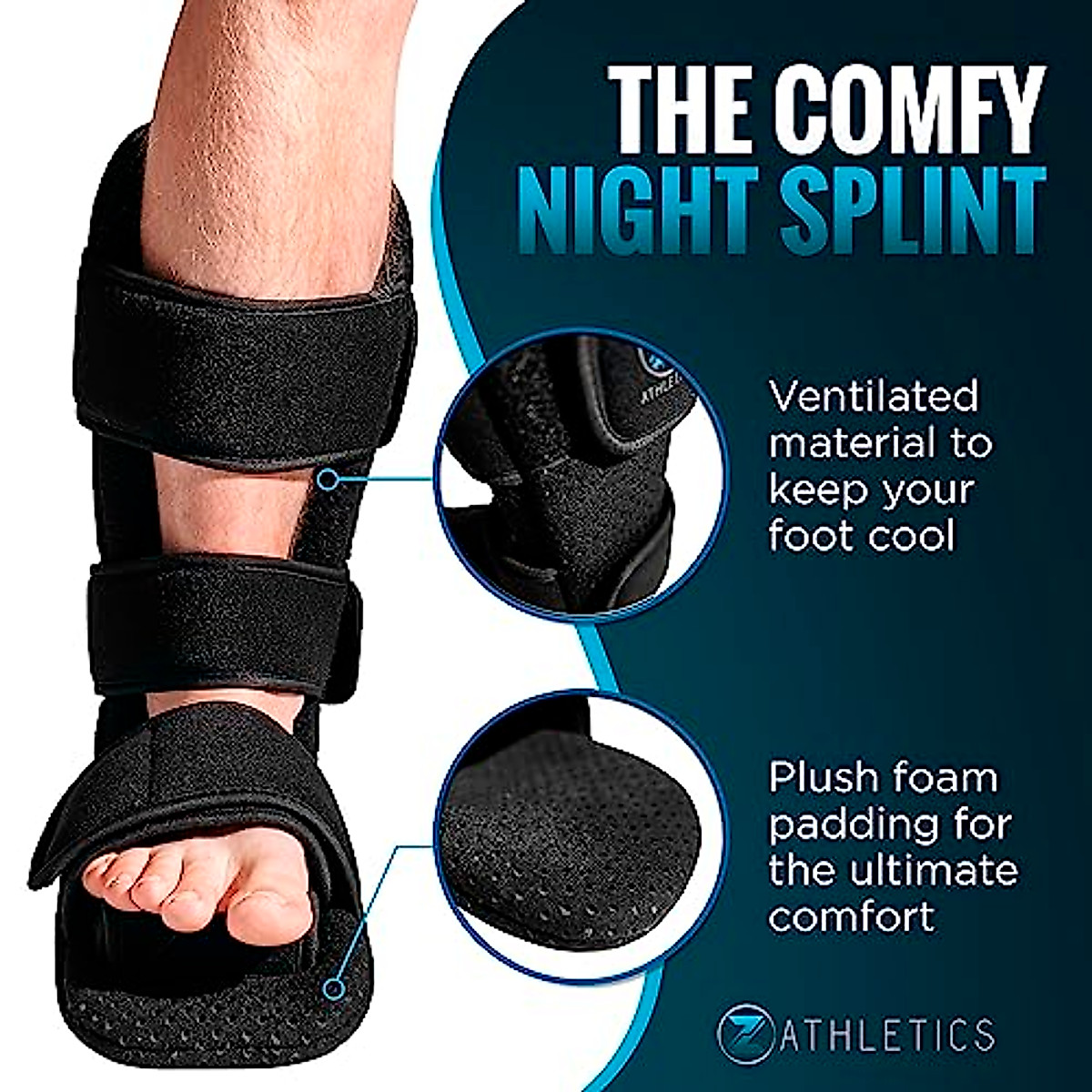 Z ATHLETICS Plantar Fasciitis Night Splint - Adjustable Foot Drop Support for Plantar Fascia Relief, Arch Pain, Achilles Tendonitis - Fits Women and Men (Black, Medium)