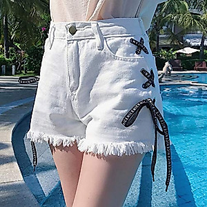 Fashion Mid Waist Slim Sexy Shorts,THENLIAN Women Summer Bandage Denim Shorts Pants Tassel Wide-leg Trousers Jeans(XXL, White)