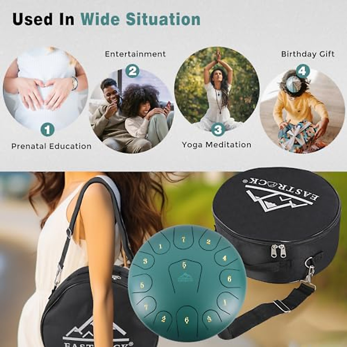 EASTROCK Steel Tongue Drum 13 Notes 12 Inches Percussion Instrument Handpan Drum C Key for Meditation Entertainment Concert Yoga with Travel Bag, Mallets, Music Book (Green)