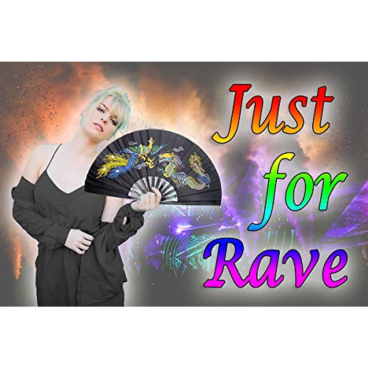 OMyTea Bamboo Large Rave Folding Hand Fan for Men/Women - Chinese Japanese Kung Fu Tai Chi Handheld Fan with Fabric Case - for Performance, Decorations, Dancing, Festival, Gift (Dragon & Phoenix)