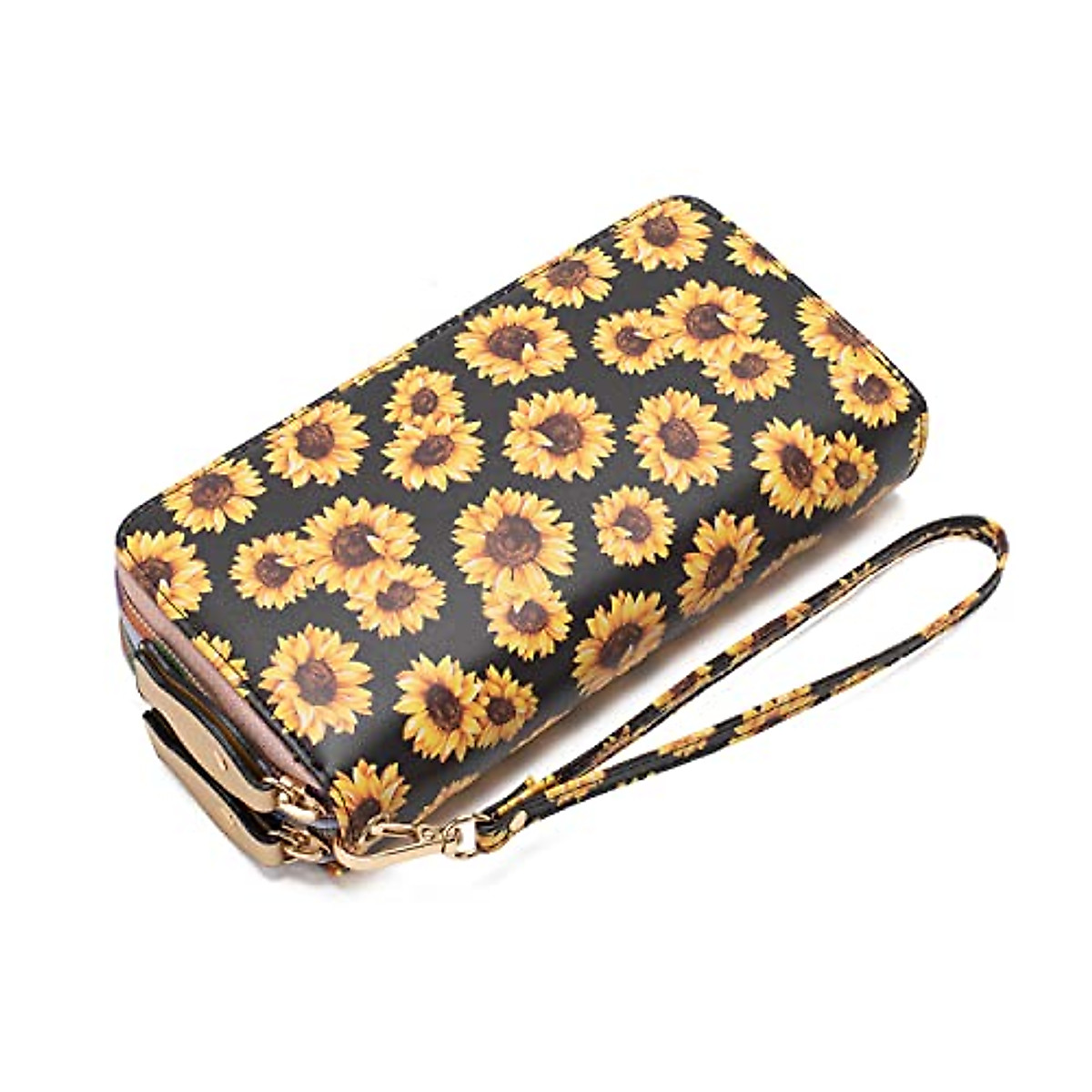 Ecohaso Sunflower Wallets for Women, Girls Wallets Cute Sunflower Pattern, Double Zipper Long Leather Wristlet Clutch Purses with Multiple Card Slots and Removable Wrist Strap for Girls (Sunflower)
