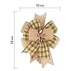 Meseey 2 Pcs 12 x 10 Inch Big Bow Ribbon with Nature Burlap Green Plaid Buffalo Checkered Ribbons and Bow Use for Christmas Gift Wrapping, Party Decoration (Green White )
